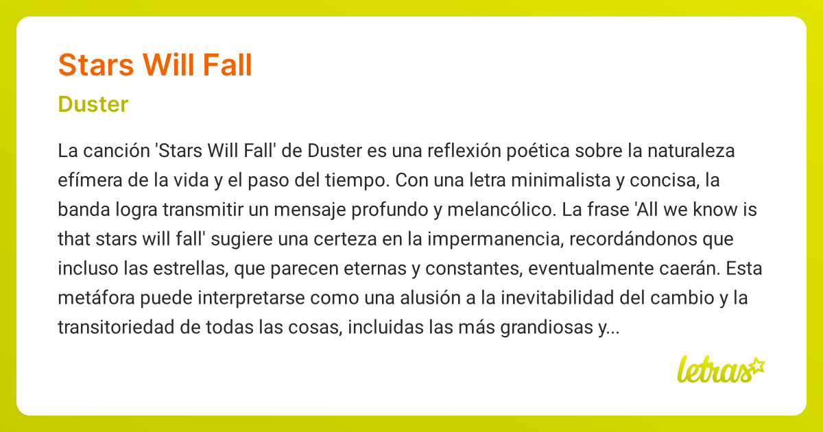 Significado de la canción STARS WILL FALL (Duster) - LETRAS.COM