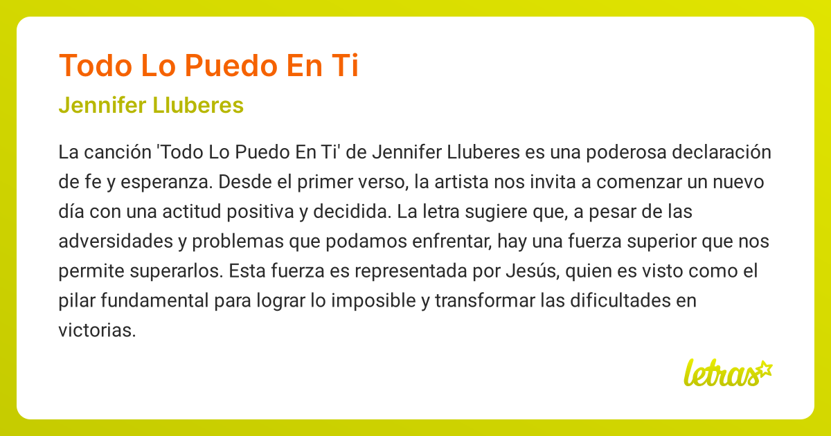 Significado de la canción TODO LO PUEDO EN TI (Jennifer Lluberes ...