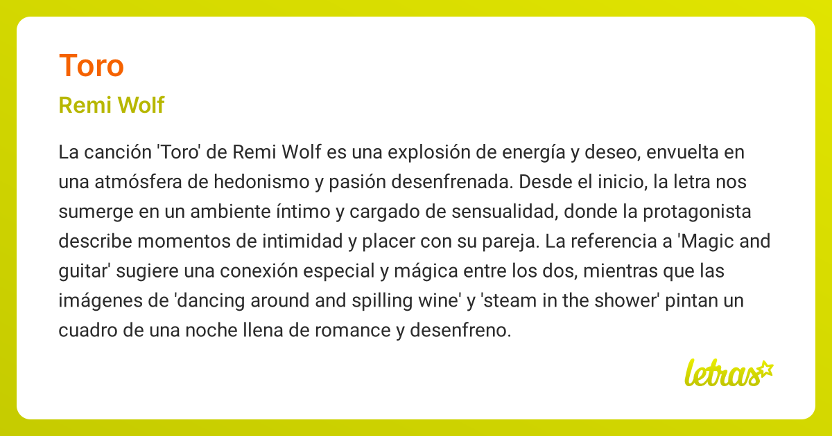Significado de la canción TORO (Remi Wolf) - LETRAS.COM