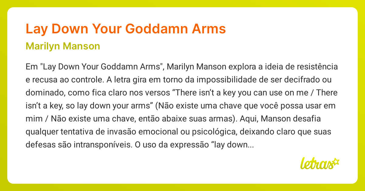 Significado da música LAY DOWN YOUR GODDAMN ARMS (Marilyn Manson ...