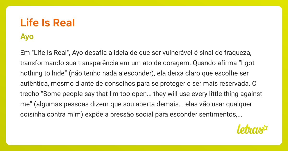 Significado da música LIFE IS REAL (Ayo) - LETRAS.MUS.BR