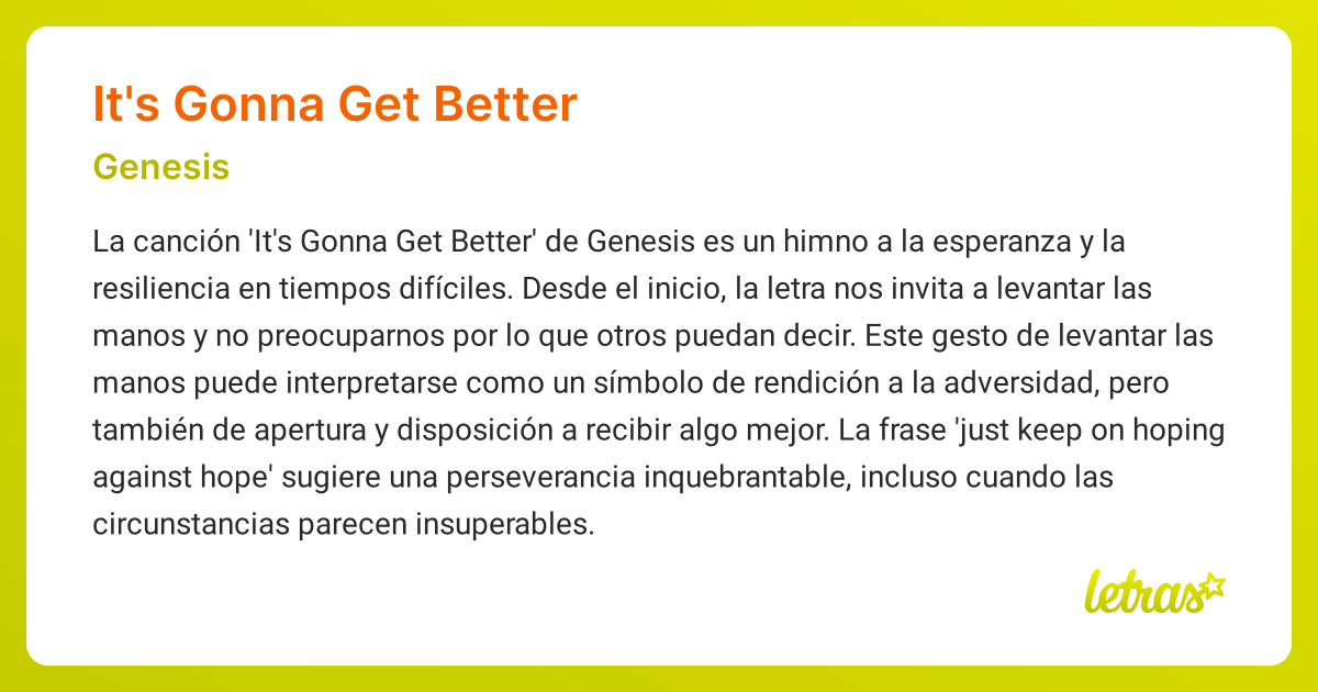 Significado de la canción IT'S GONNA GET BETTER (Genesis) - LETRAS.COM