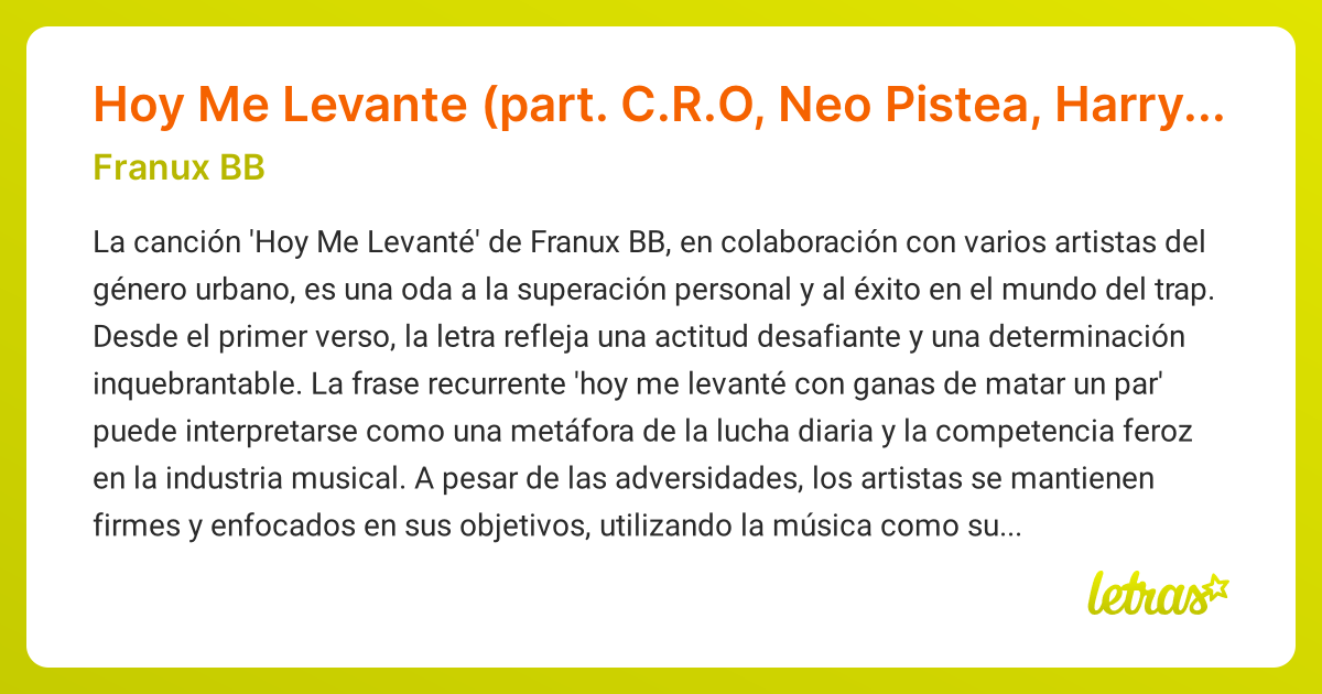 Significado de la canción Hoy Me Levante (part. C.R.O, Neo Pistea ...