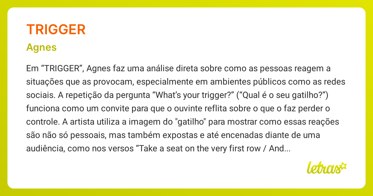Significado da música TRIGGER (Agnes) - LETRAS.MUS.BR