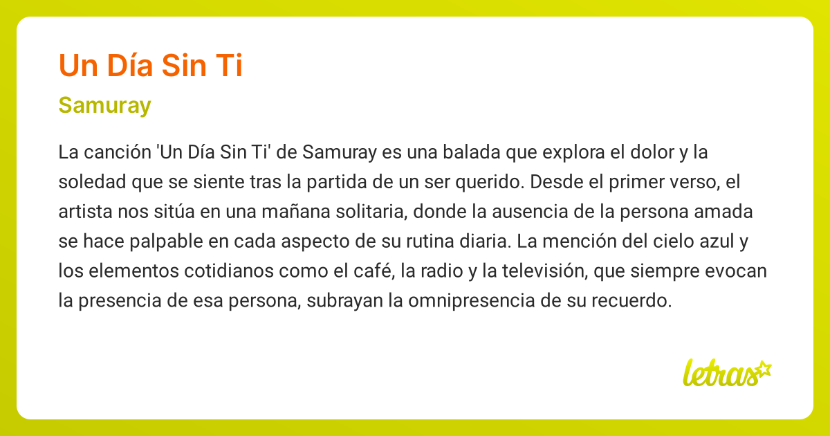 Significado de la canción UN DÍA SIN TI (Samuray) - LETRAS.COM
