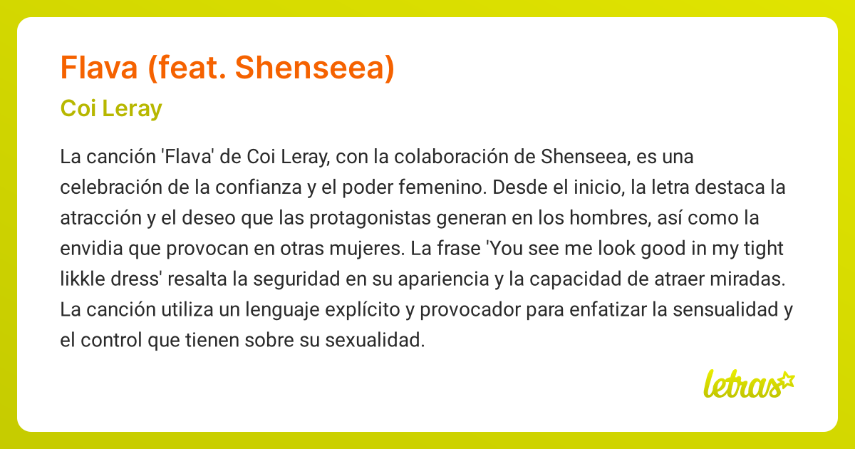 Significado de la canción FLAVA (FEAT. SHENSEEA) (Coi Leray) - LETRAS.COM