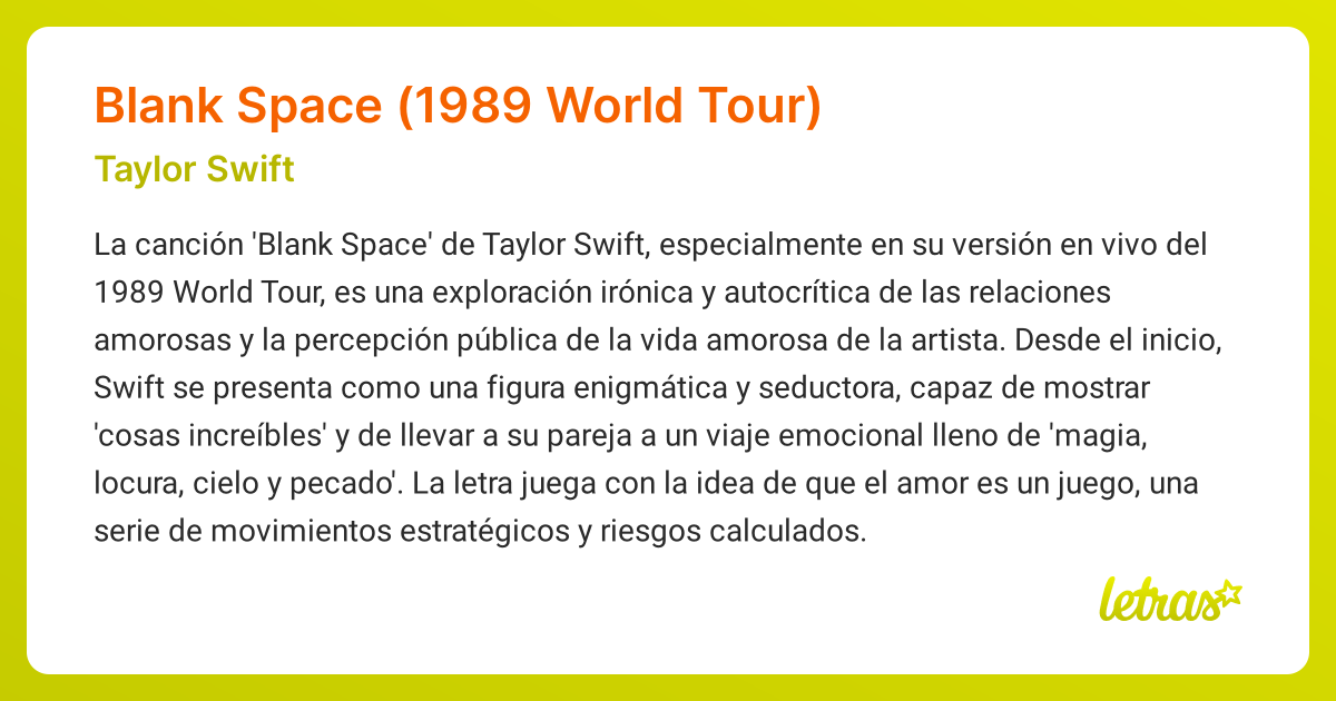 Significado de la canción BLANK SPACE (1989 WORLD TOUR) (Taylor Swift) - LETRAS.COM