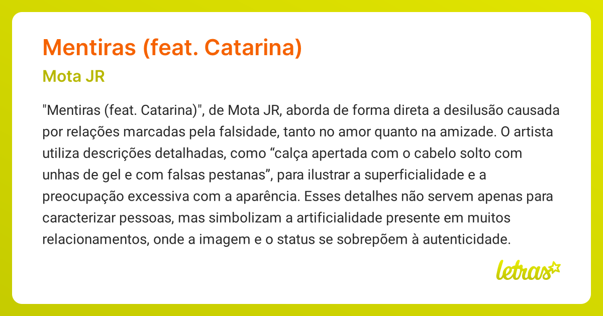 Significado da música MENTIRAS (FEAT. CATARINA) (Mota JR) - LETRAS.MUS.BR