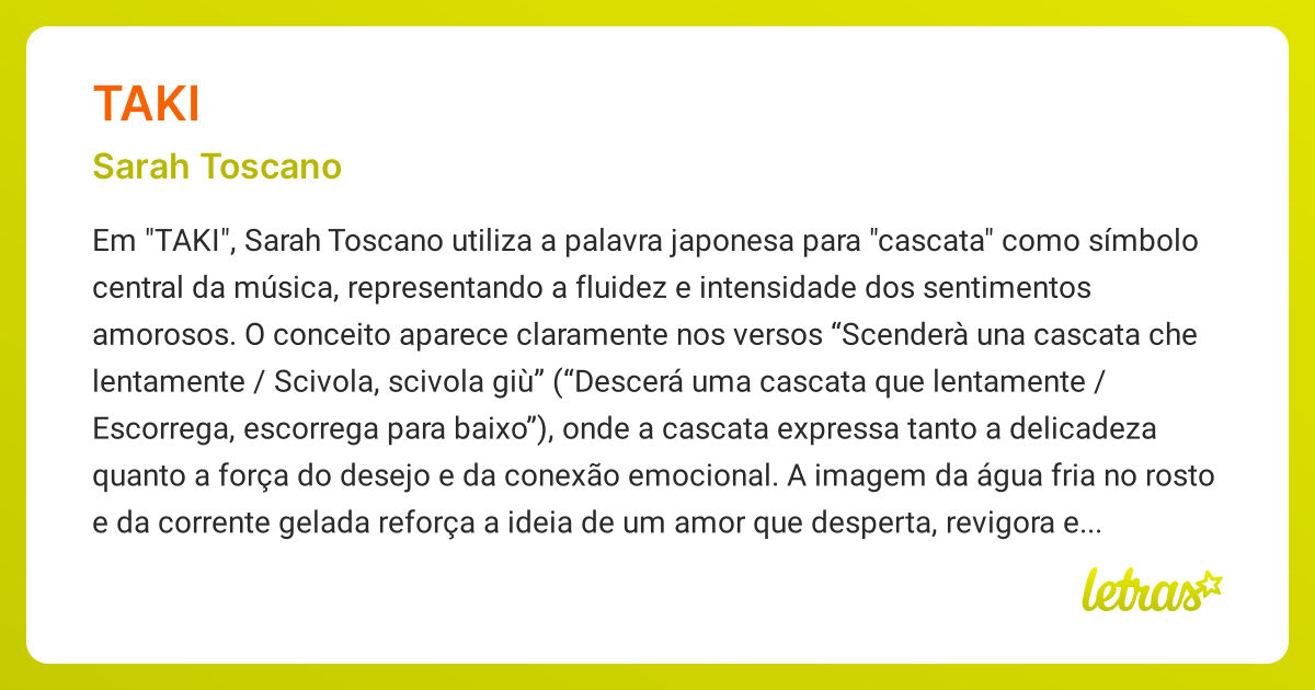 Significado da música TAKI (Sarah Toscano) - LETRAS.MUS.BR