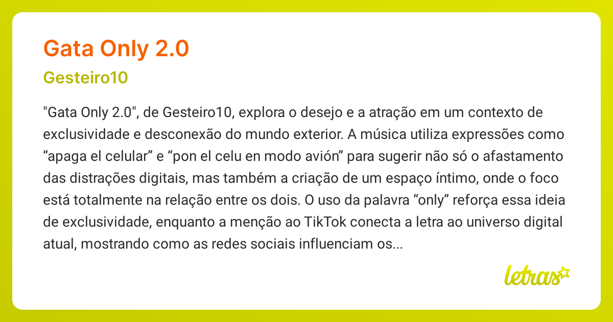 Significado da música GATA ONLY 2.0 (Gesteiro10) - LETRAS.MUS.BR
