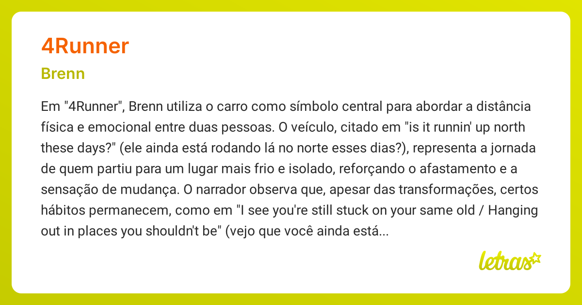 Significado da música 4RUNNER (Brenn) - LETRAS.MUS.BR
