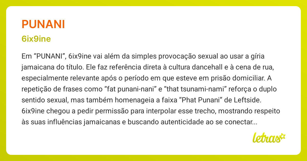 Significado da música PUNANI (6ix9ine) - LETRAS.MUS.BR