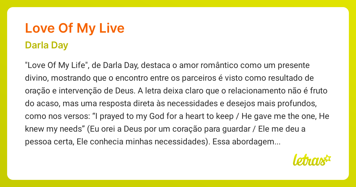 Significado da música LOVE OF MY LIVE (Darla Day) - LETRAS.MUS.BR