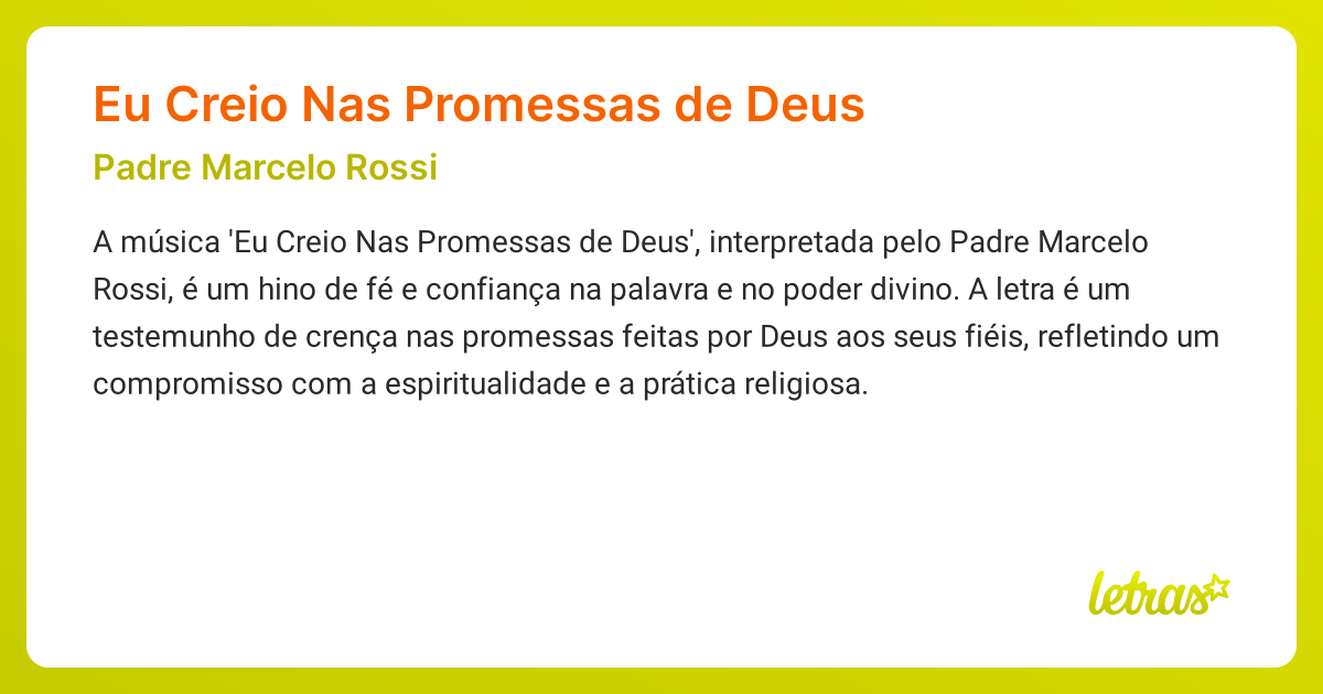 Significado da música EU CREIO NAS PROMESSAS DE DEUS (Padre Marcelo ...