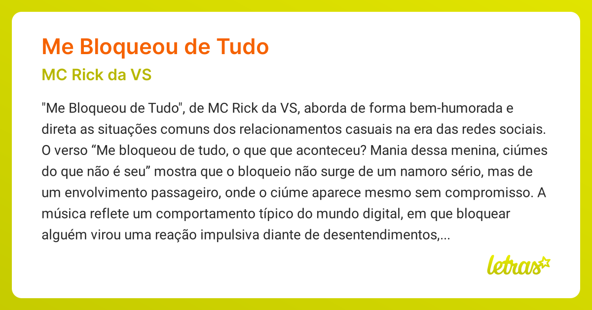 Significado da música ME BLOQUEOU DE TUDO (MC Rick da VS) - LETRAS.MUS.BR
