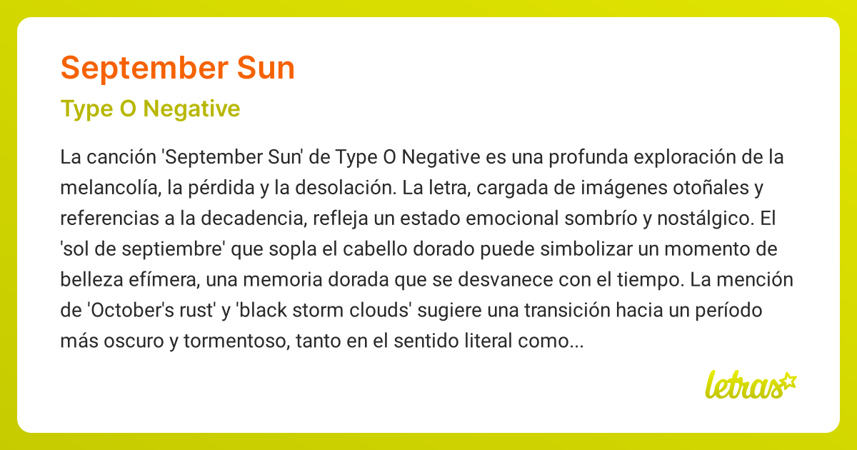 Significado de la canción SEPTEMBER SUN (Type O Negative) - LETRAS.COM