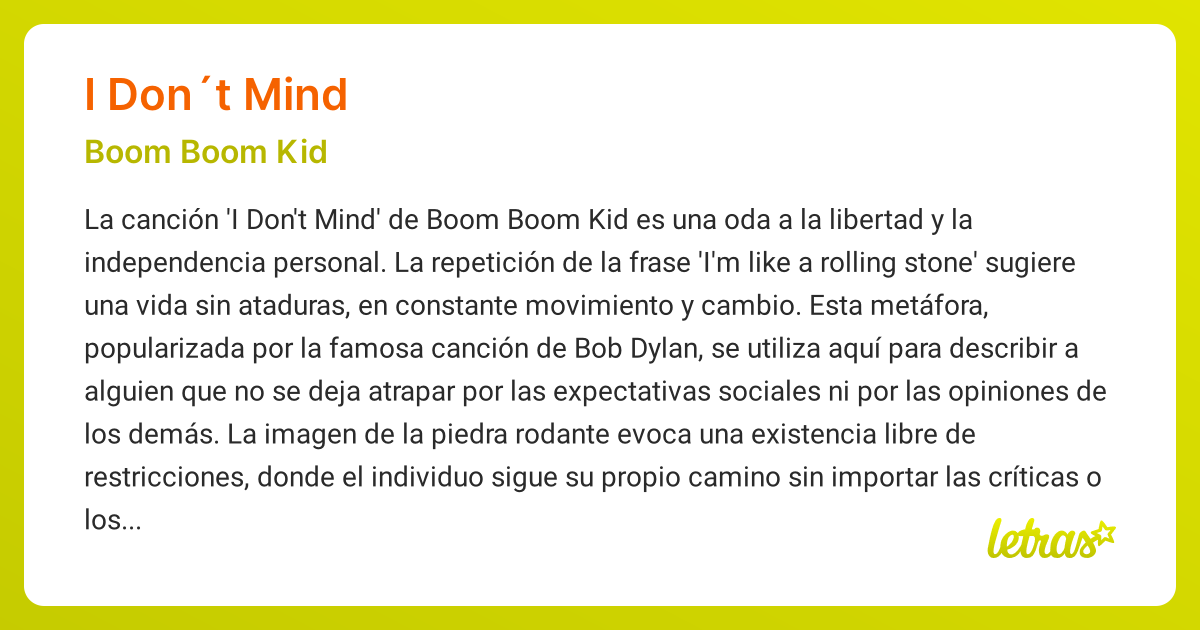 Significado de la canción I DON´T MIND (Boom Boom Kid) - LETRAS.COM