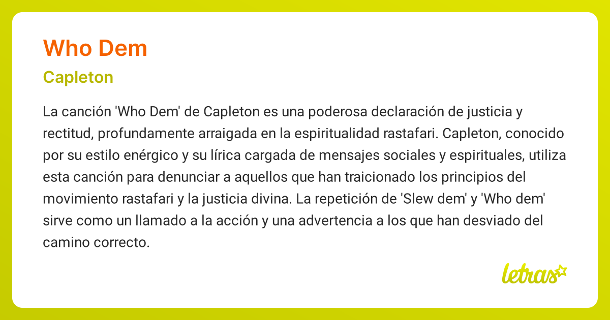 Significado de la canción WHO DEM (Capleton) - LETRAS.COM