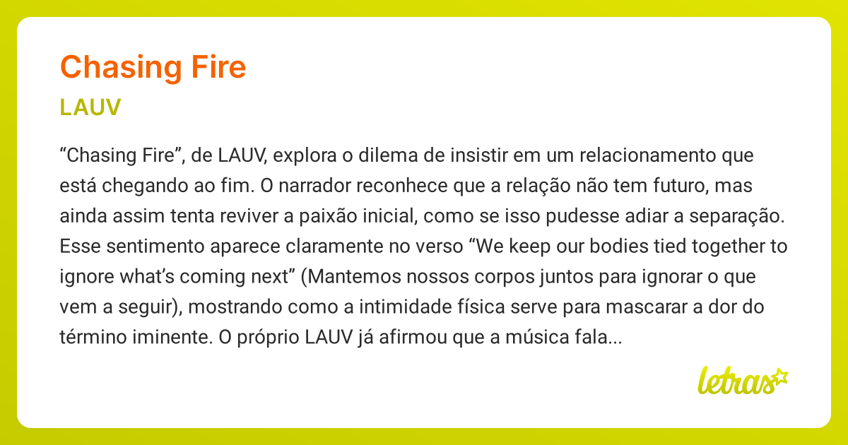 Significado da música CHASING FIRE (LAUV) - LETRAS.MUS.BR