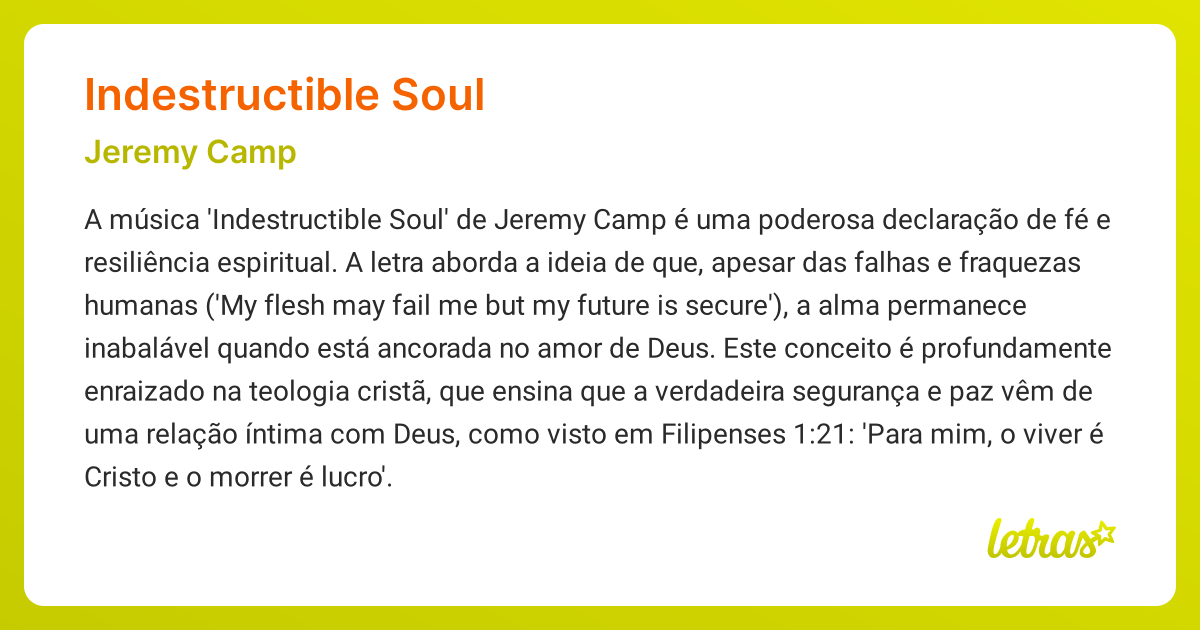 Significado da música INDESTRUCTIBLE SOUL (Jeremy Camp) - LETRAS.MUS.BR