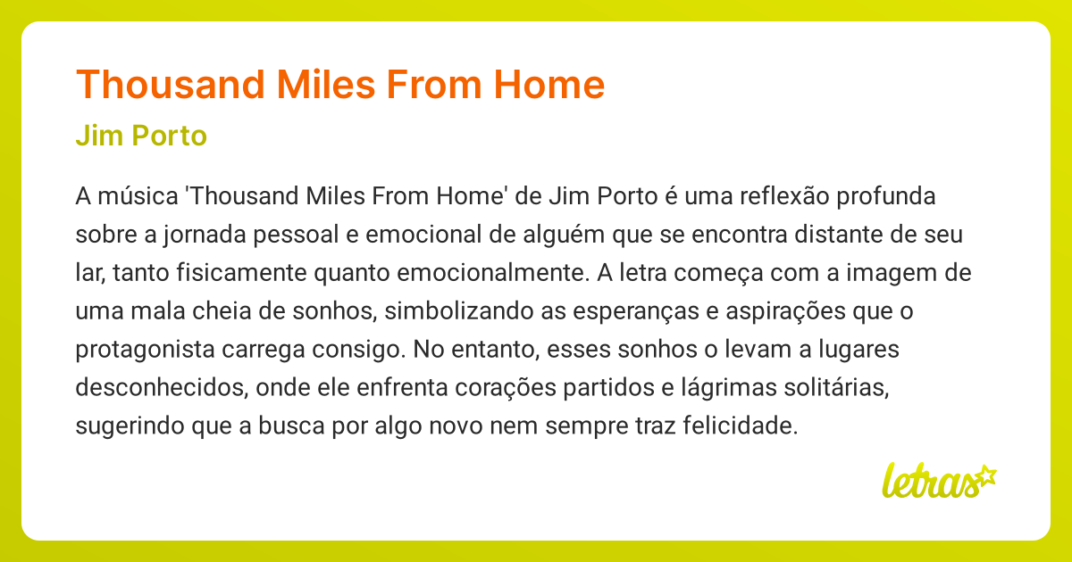 Significado da música THOUSAND MILES FROM HOME (Jim Porto) - LETRAS.MUS.BR