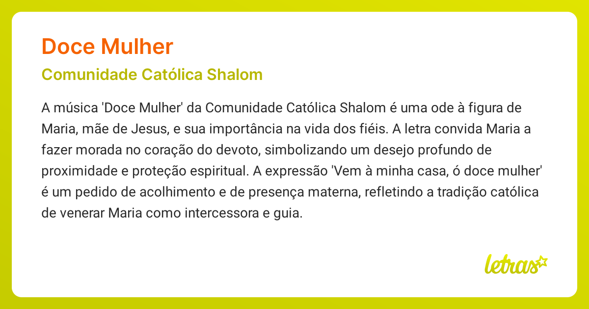 Significado da música DOCE MULHER (Comunidade Católica Shalom) - LETRAS ...