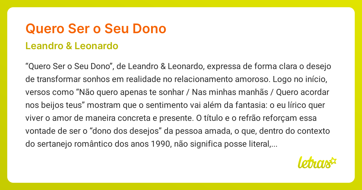 Significado da música QUERO SER O SEU DONO (Leandro & Leonardo ...