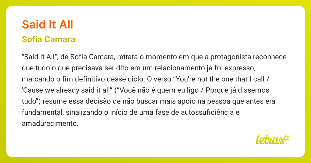 Significado da música SAID IT ALL (Sofia Camara) - LETRAS.MUS.BR