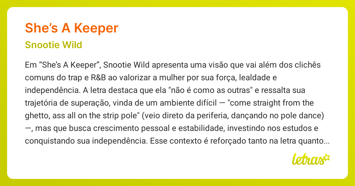 Significado da música SHE’S A KEEPER (Snootie Wild) - LETRAS.MUS.BR