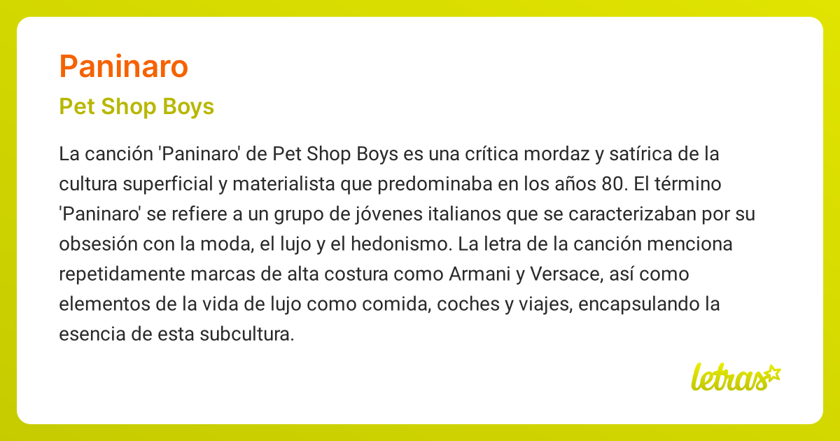 Significado de la canción PANINARO (Pet Shop Boys) - LETRAS.COM