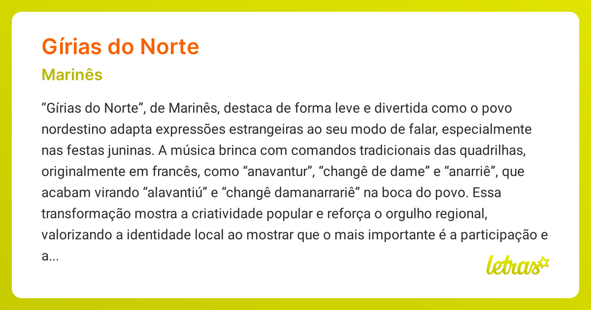 Significado da música GÍRIAS DO NORTE (Marinês) - LETRAS.MUS.BR