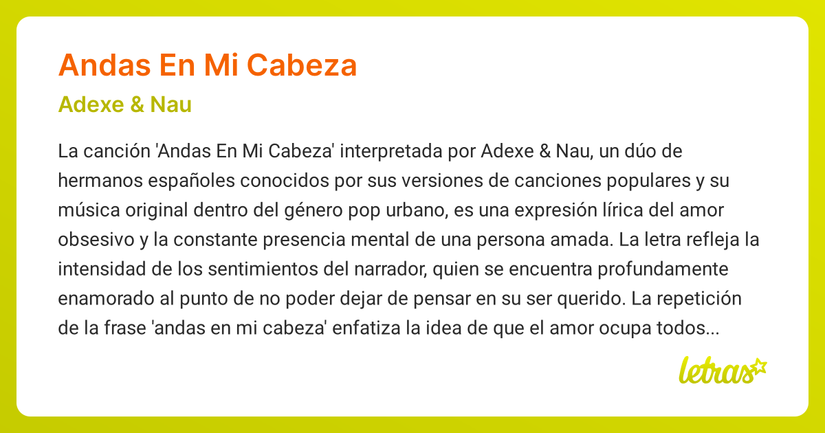 Significado de la canción ANDAS EN MI CABEZA (Adexe & Nau) - LETRAS.COM