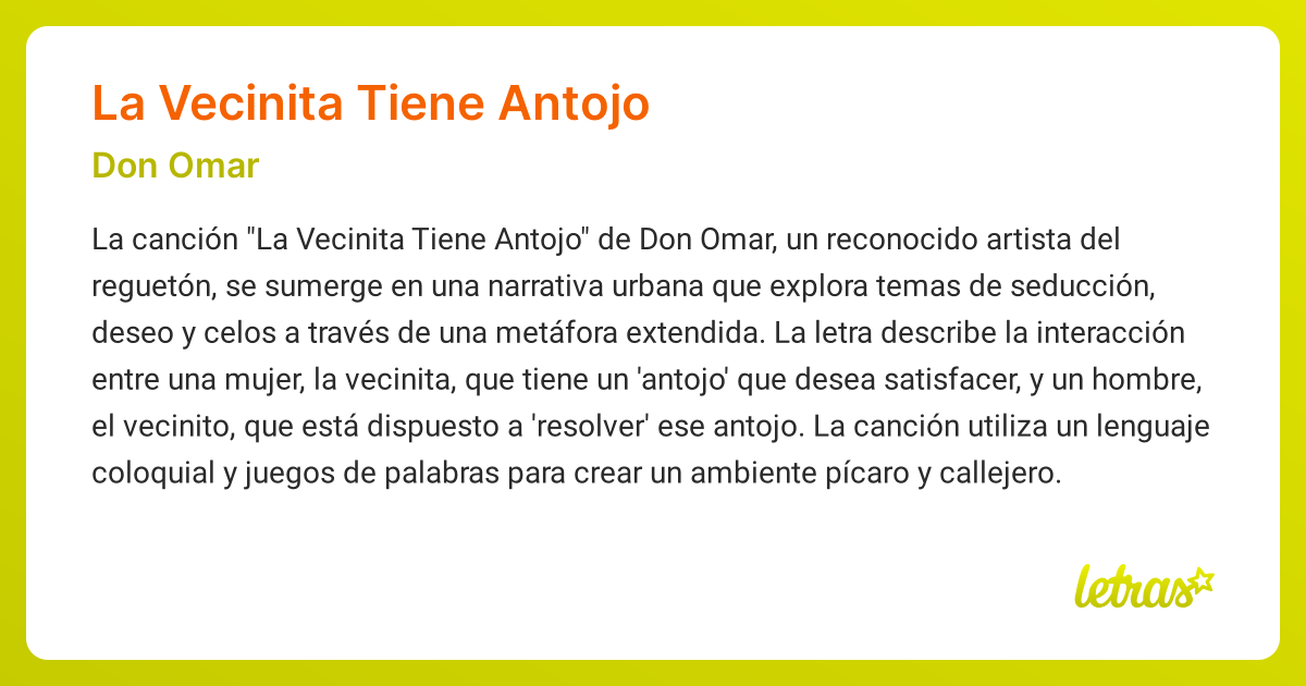 Significado de la canción LA VECINITA TIENE ANTOJO (Don Omar) - LETRAS.COM