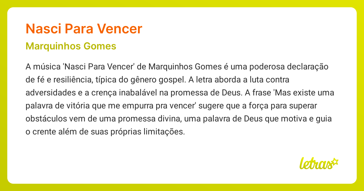 Significado da música NASCI PARA VENCER (Marquinhos Gomes) - LETRAS.MUS.BR