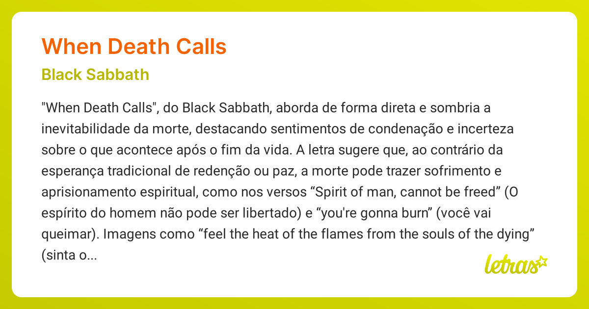Significado da música WHEN DEATH CALLS (Black Sabbath) - LETRAS.MUS.BR