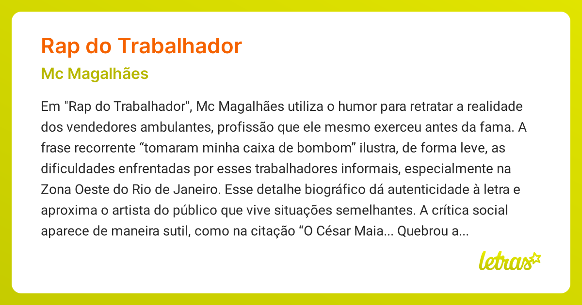 Significado da música RAP DO TRABALHADOR (Mc Magalhães) - LETRAS.MUS.BR