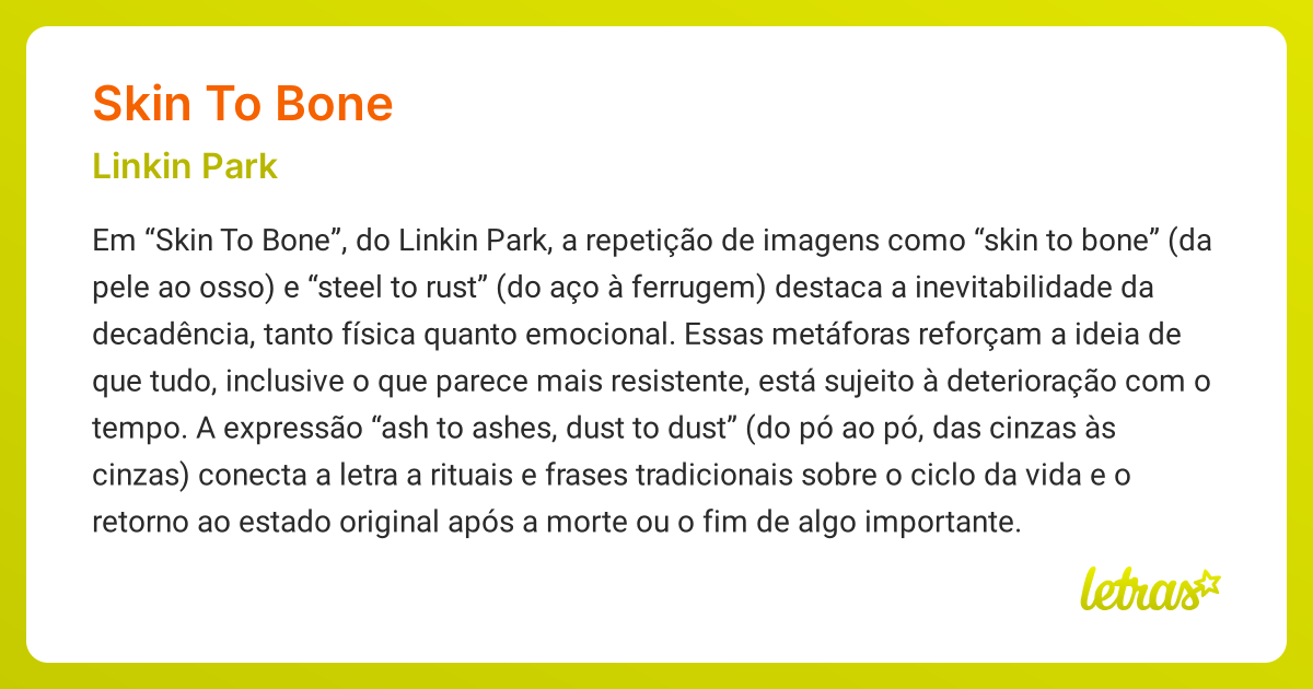 Significado da música SKIN TO BONE (Linkin Park) - LETRAS.MUS.BR