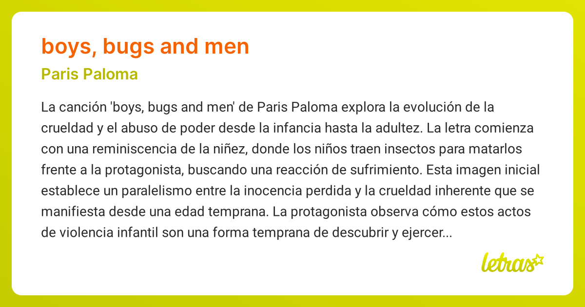 Significado de la canción BOYS, BUGS AND MEN (Paris Paloma) - LETRAS.COM
