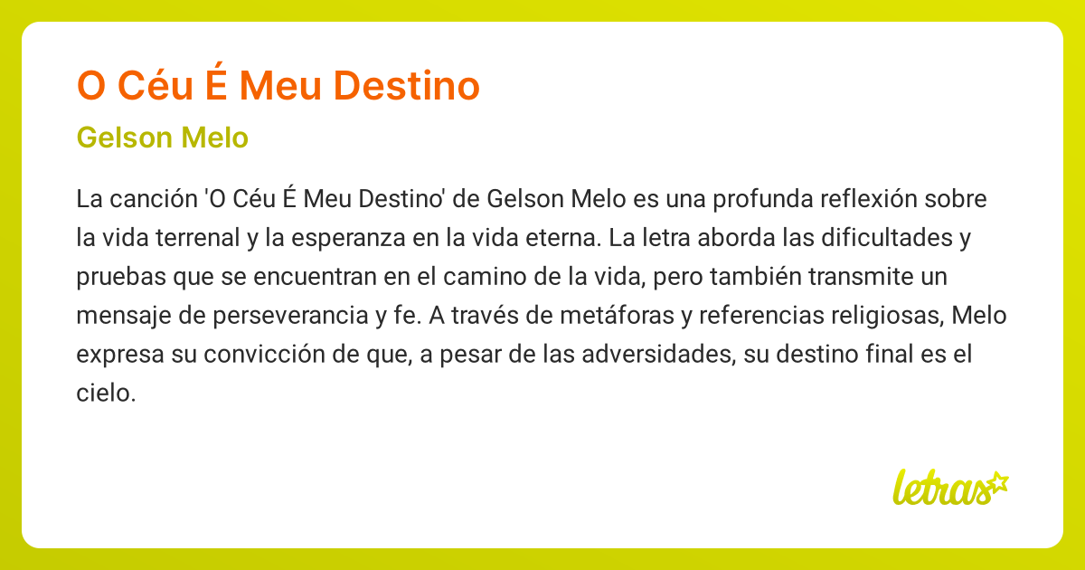Significado de la canción O CÉU É MEU DESTINO (Gelson Melo) - LETRAS.COM