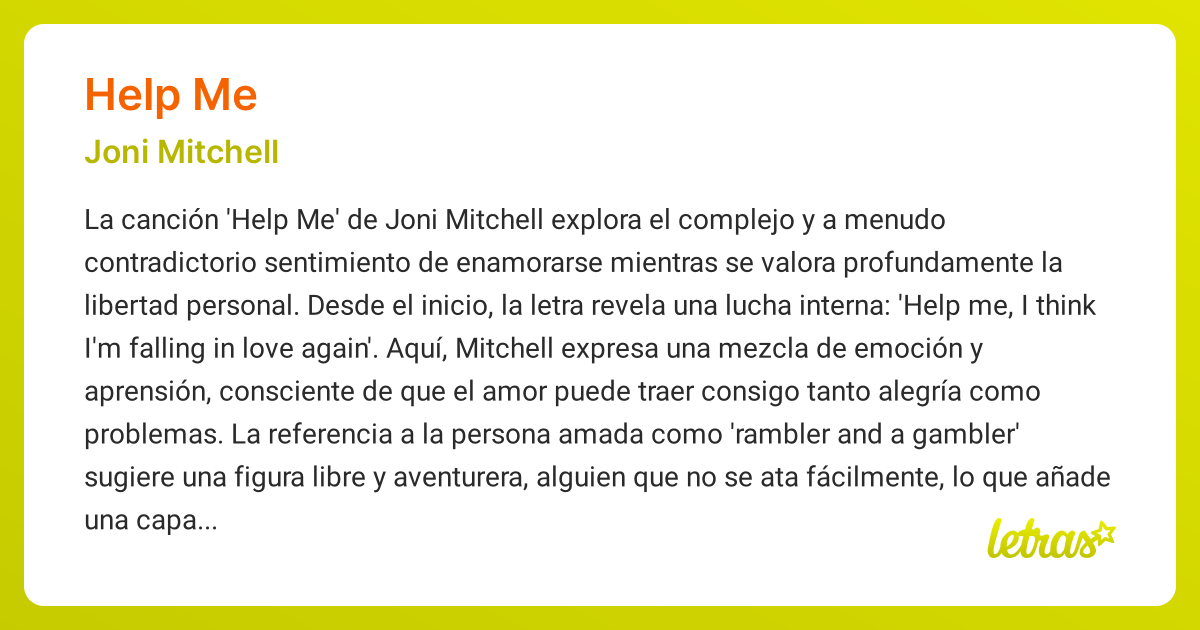 Significado de la canción HELP ME (Joni Mitchell) - LETRAS.COM