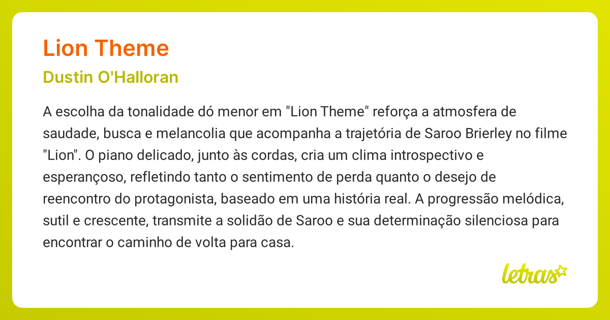 Significado da música LION THEME (Dustin O'Halloran) - LETRAS.MUS.BR