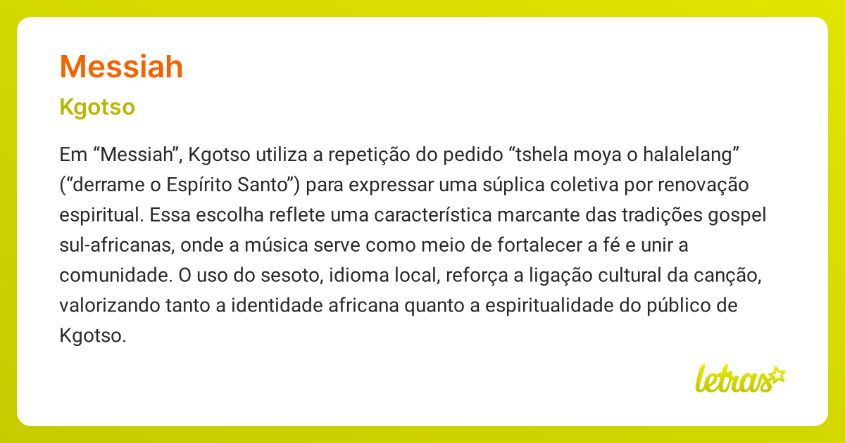 Significado da música MESSIAH (Kgotso) - LETRAS.MUS.BR