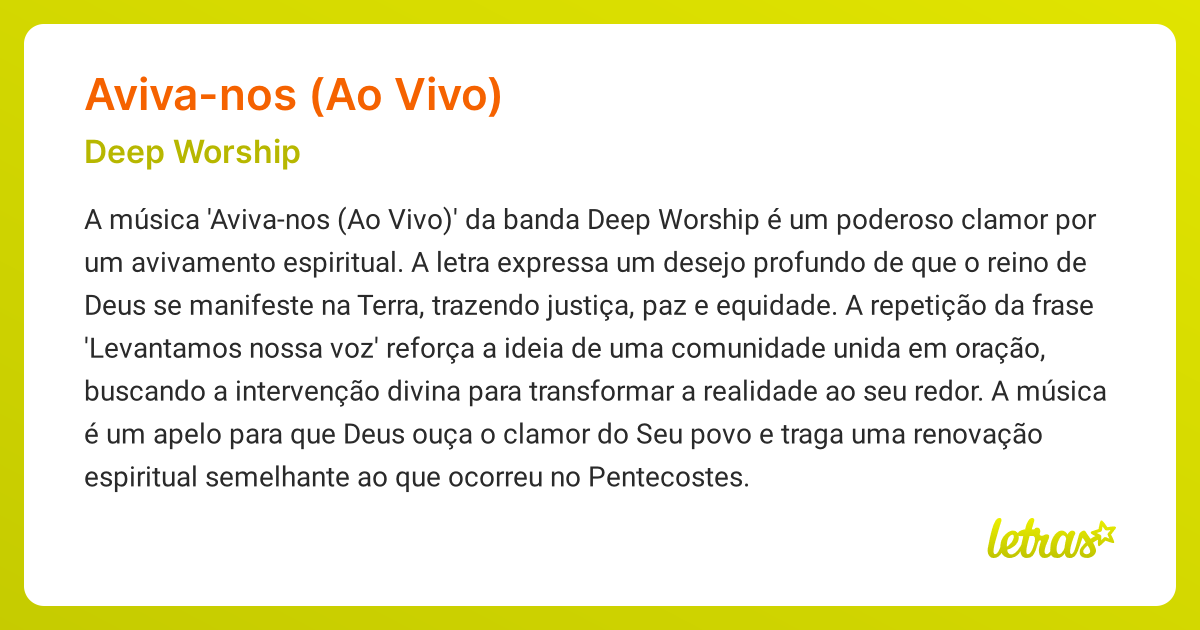 Significado da música AVIVA-NOS (AO VIVO) (Deep Worship) - LETRAS.MUS.BR