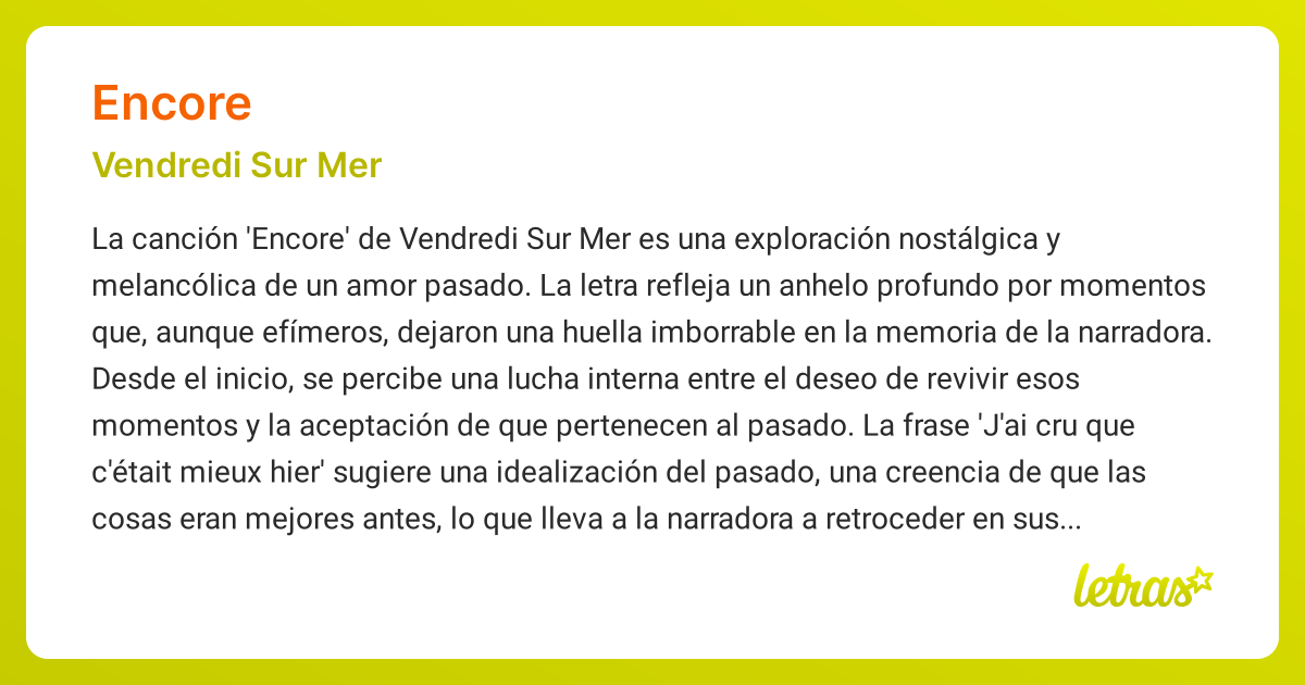 Significado de la canción ENCORE (Vendredi Sur Mer) - LETRAS.COM