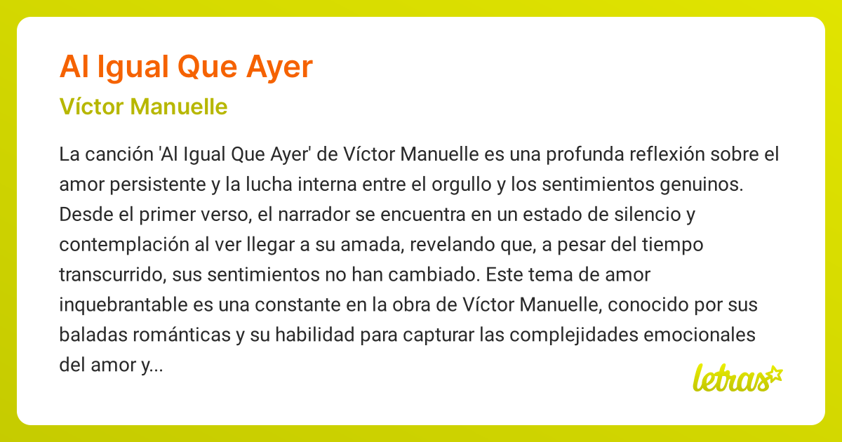 Significado de la canción AL IGUAL QUE AYER (Víctor Manuelle) - LETRAS.COM