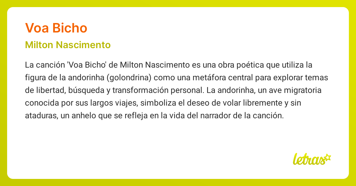 Significado de la canción VOA BICHO (Milton Nascimento) - LETRAS.COM
