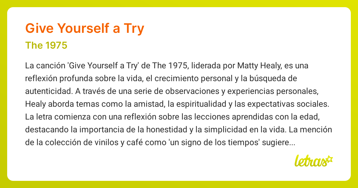 Significado de la canción GIVE YOURSELF A TRY (The 1975) - LETRAS.COM