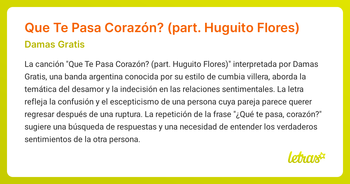 Significado de la canción Que Te Pasa Corazón? (part. Huguito Flores ...