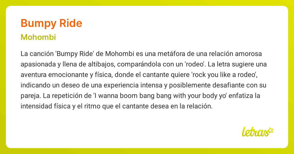 Significado de la canción BUMPY RIDE (Mohombi) - LETRAS.COM