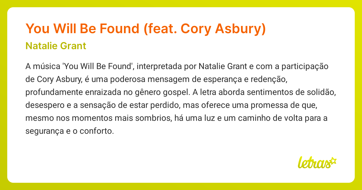 Significado da música You Will Be Found (feat. Cory Asbury) (Natalie ...